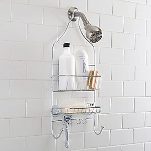Bath Bliss Design Chrome, Resistant, 2 Tier Contoured Caddy, Over The Shower Head, Rust Proof, Bathroom Organizer with Hooks for Hanging Razor, Sponge, Shampoo Holder