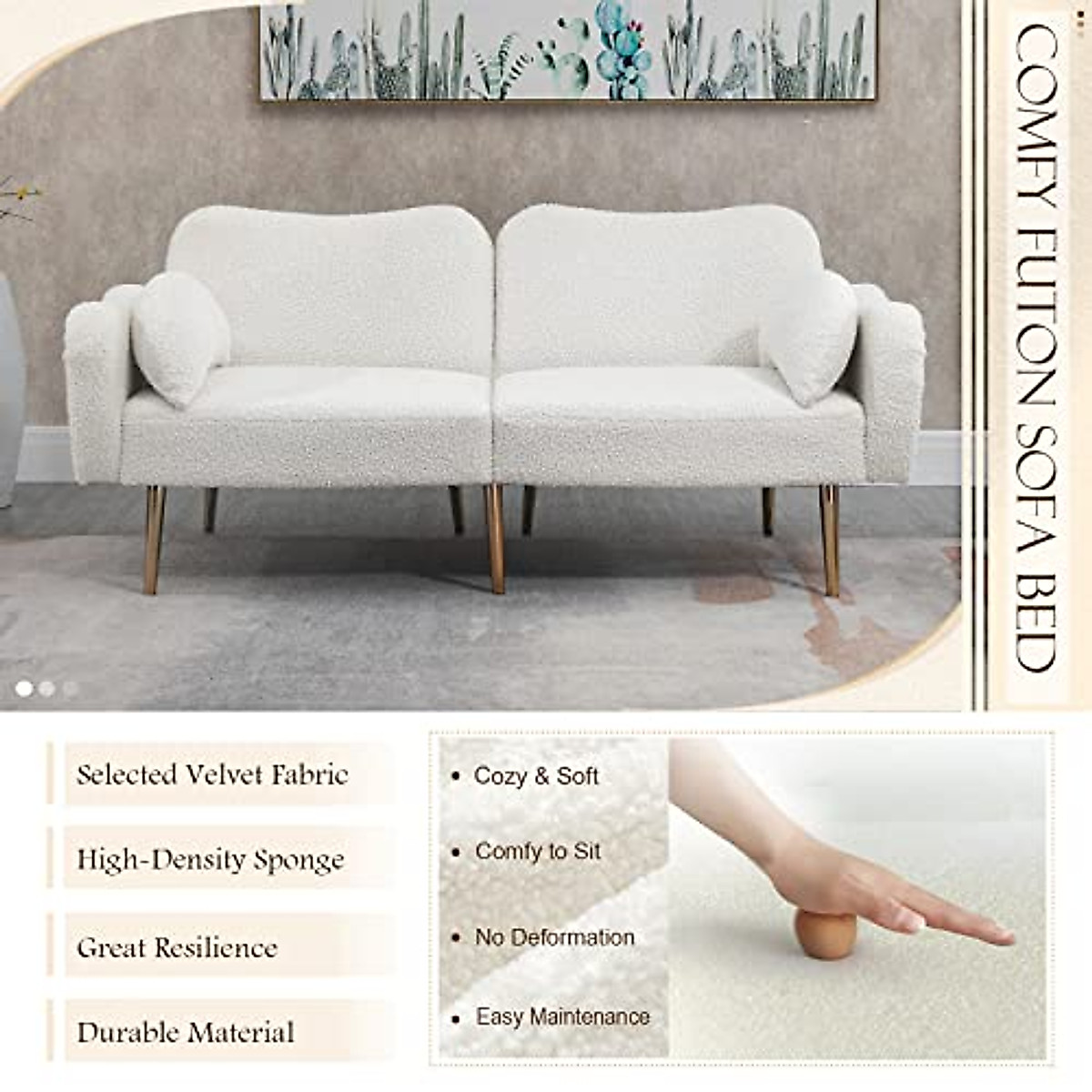 Modern Velvet Futon Sofa Bed, Convertible Loveseat with 2 Crescent-shaped Pillows, Small Sleeper Sofa with 3 Adjustable Positions, Upholstered Living Room Couch with 7 Metal Tapered Legs, White Teddy