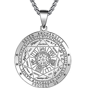 FLYUN Seal of The 7 Archangels Pendant Necklace for Men,Seven Archangels Protection Necklace for Men, Mens Spiritual Talisman Amulet Jewelry (A5-Steel)
