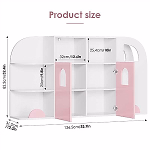 FACBOTALL Kids Bookshelf in The Shape of Truck, 3-Tier Toy Storage Organizer with Two Doors, Toddler Bookcase and Toy Storage for Living Room, Kindergarten, Playroom, Nursery, Pink and White