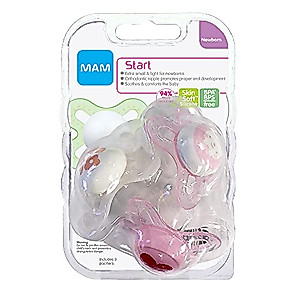 MAM Start Newborn Pacifiers Value Pack, Newborn Baby Girl Pacifiers, Best Pacifier for Breastfed Babies, 3 Count (Pack of 1)