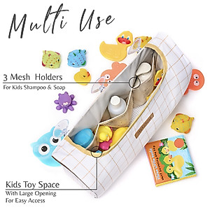 Large Bath Toy Storage with A Quick Dry Mesh Base. Sturdy Bath Toy Holder with 3 Strong Suction Cups. The Bath Toy Organizer Keeps Your Bathroom Tidy. Bathtub Toy Holder (Golden Check)