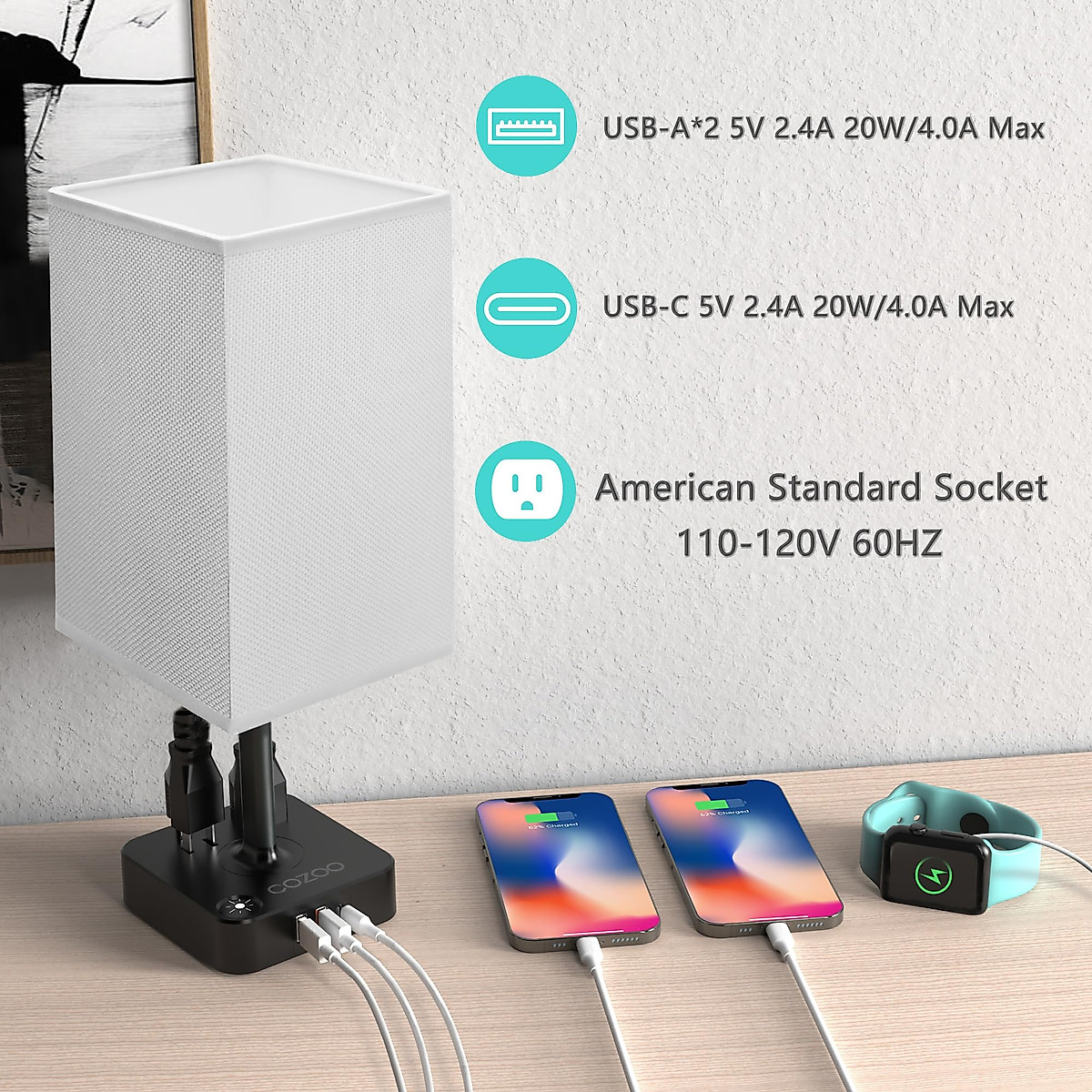 Table Lamp Dimmable cozoo USB Bedside Table Desk Lamp with 3 USB Charging Port(A+C) 2 Outlet,Nightstand Lamp with Charger Base White Fabric Shade,LED Touch Lamp for Bedroom/LivingRoom/Dorm/Home Office