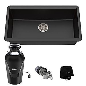 KRAUS 31 Inch Undermount Single Bowl Black Onyx Granite Kitchen Sink with WasteGuard™ Continuous Feed Garbage Disposal, KGU-413B-100-75MB