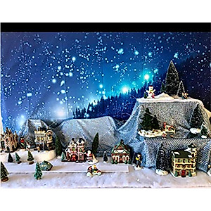 Leowefowa 5X3FT Christmas Backdrop Rustic Village Night View Forest Trees Snowing Shining Lights Blue Sky Winter Xmas Vinyl Photography Background Kids Children Newborn Photo Studio Props