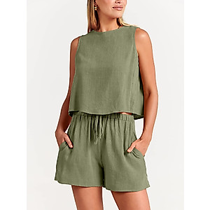 ANRABESS Women’s Summer 2 Piece Linen Shorts Sets Sleeveless Crop Top Romper Lounge Set 2024 Trendy Beach Outfits Olive Small