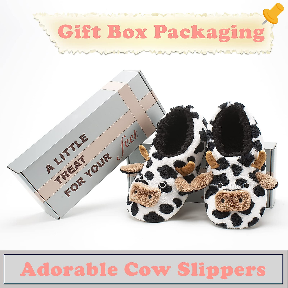 The Metluks Cute Animal House Slippers for Teens Girls Boys Adult Women Indoor, Warm Fuzzy Bedroom Sock Shoes with Grippers Non slip, Cozy Funny Christmas Gifts Cow Kids Size 4-6