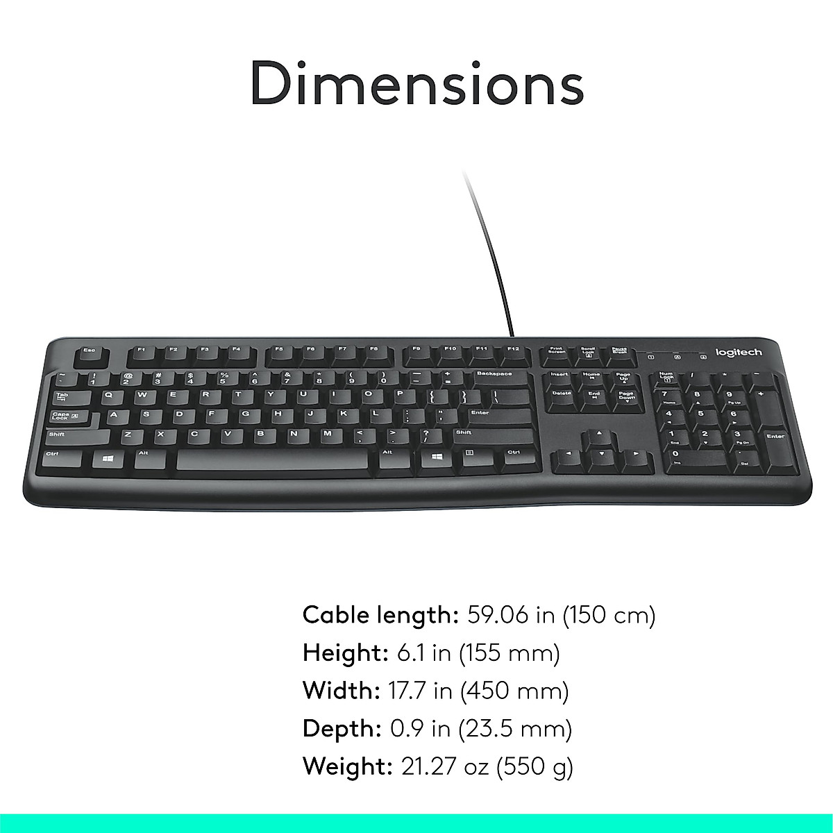 Logitech K120 Wired Keyboard for Windows, Plug and Play, Full-Size, Spill-Resistant, Curved Space Bar, Compatible with PC, Laptop - Black