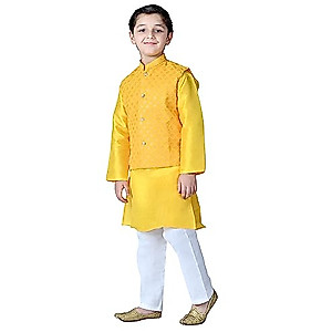Vaanee Designz Boys' Ethnic Wear Waistcoat Kurta Pyjama Set 7 Years-8 Years Yellow