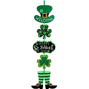 St. Patrick's Day Door Sign St. Patrick's Day Themed Hanging Welcome Sign Irish Hanging Door Decor with Shamrock Leprechaun High Hat and Feet Wall Sign Ornament for St. Patrick's Day Decoration