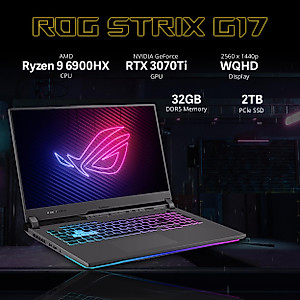 ASUS ROG Strix G17 17.3" WQHD 240Hz Gaming Laptop, AMD Ryzen 9 6900HX, GeForce RTX 3070Ti, 32GB DDR5 RAM, 2TB SSD, Wi-Fi 6E, ROG Intelligent Cooling, Gray, Win 11 Pro, 128GB Hotface Extension Set