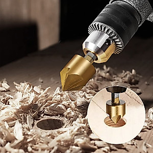 A-XINTONG 6PCS 1/4" Hex Shank Titanium Coated 5 Flute 90 Degree Countersink Drill Bits, 6mm-19mm HSS Countersink Woodworking Chamfer Drill Bit Set with a Automatic Center Punch