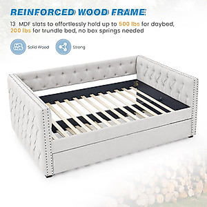 Antetek Daybed with Trundle, Modern Upholstered Full Size Button-Tufted Sofa Bed Frame with A Roll-Out Trundle, No Box Spring Needed, Furniture for Bedroom Living Room Guest Room (Beige, Full)