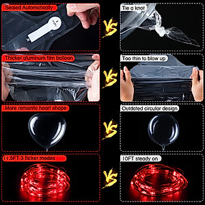 Red Heart Light Up Balloons, 6 Pack 20 Inches BoBo Bubble Transparent Helium Balloons with 10 Feet LED String Lights for Valentines Wedding Party Decoration (Red)