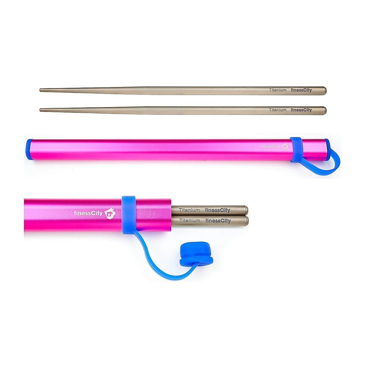finessCity Chopsticks, 1 Pair of Chopstick, Titanium Chopsticks with Aluminium Case (Pink)