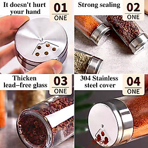 Salt and Pepper Shakers Set 4pcs, Spice Shaker for Kitchen, Pepper and Salt Container with Stainless Steel Lid, Glass Salt Shaker with Adjustable Pour Holes