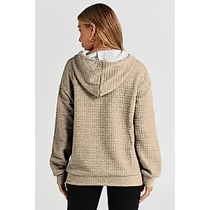 SHEWIN Womens Hoodies Casual Long Sleeve Drawstring Waffle Hoodie Pullover Sweatshirts Loose Hooded Sweatshirt for Women Trendy Fall Tops,US 4-6(S),Khaki