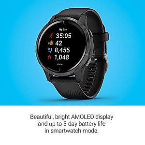 Garmin 010-02173-11 Venu, GPS Smartwatch with Bright Touchscreen Display, Features Music, Body Energy Monitoring, Animated Workouts, Pulse Ox Sensor and More, Black