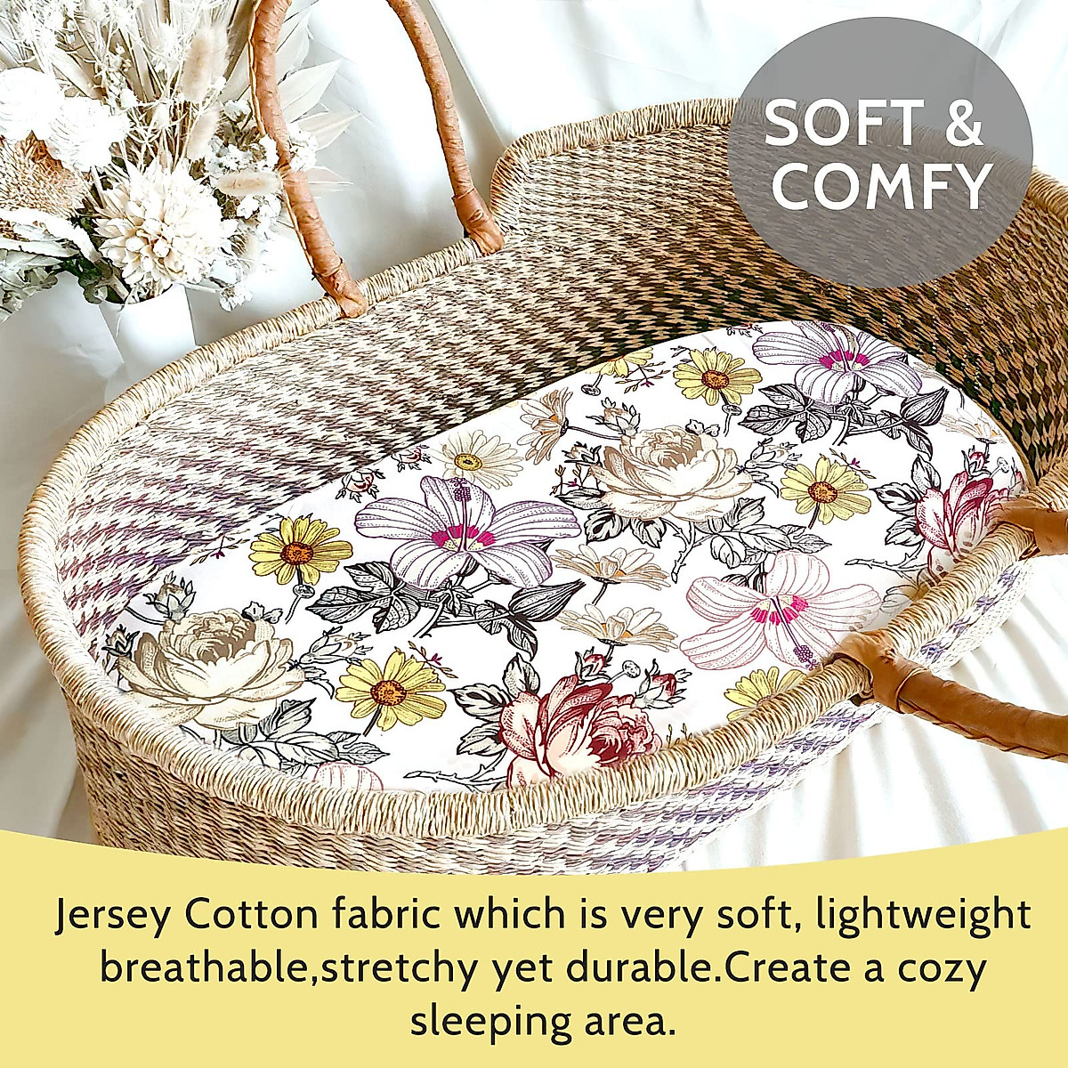 Boho Bassinet Sheet,Crib Sheet Jersey Cotton,Floral Nursing Pillow Cover, Breastfeeding Pillow Slipcover for Baby Girl