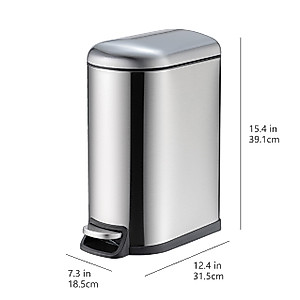 Amazon Basics 10 Liter / 2.6 Gallon Soft-Close, Smudge Resistant Trash Can with Foot Pedal for Narrow Spaces - Brushed Stainless Steel