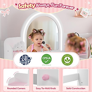 MU Kids Vanity with Lights, Princess Makeup Vanity Desk with Open Bookshelf, Storage Cabinet & Shelves, 2 in 1 Toddler Vanity Table & Chair Set with Lighted Mirror for Little Girls, White