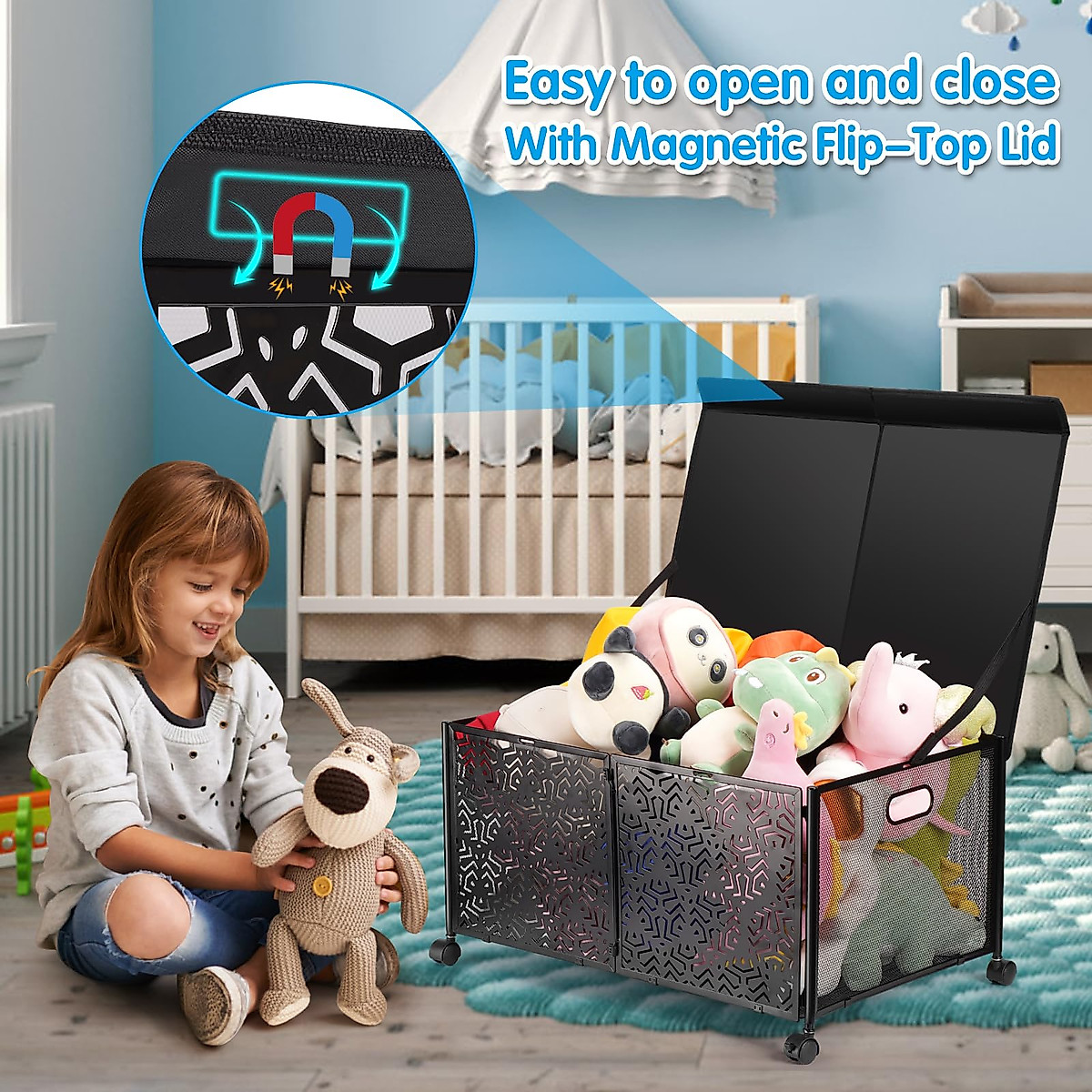 SU SAFE-UP Toy Box Storage,Collapsible Sturdy Storage Bins with Lids,70L Toy Storage Organizer,Metal Toy Storage Box with Wheels,Large Toy Box for Boys and Girls, for Nursery, Closet (1Pack)