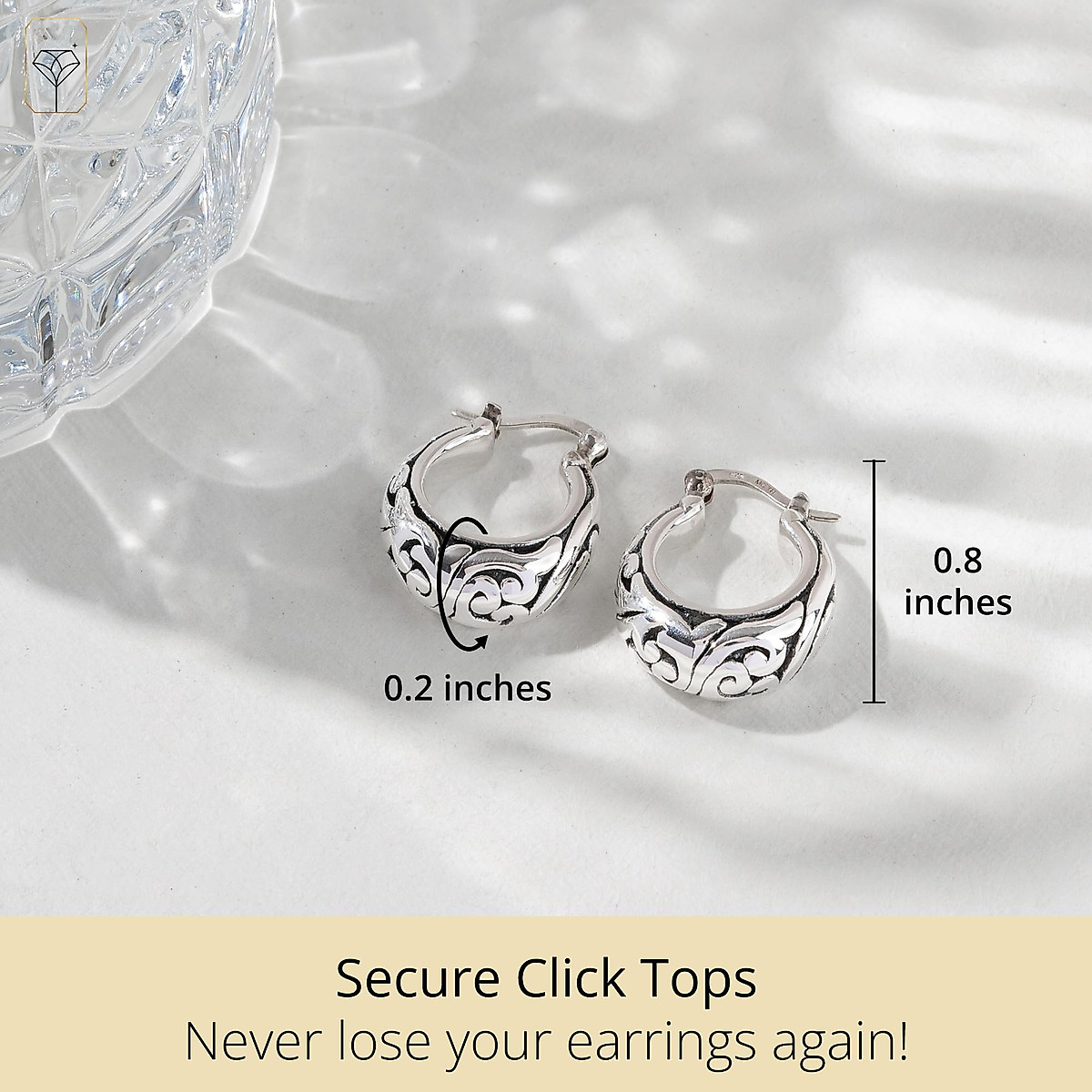 MAX + STONE 925 Sterling Silver Hoop Earrings for Women | Lightweight Chunky Oxidized Filigree Oval Thick