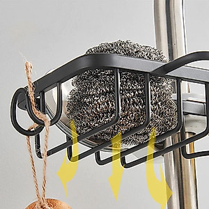 Sponge Holder for Kitchen Sink Faucet Caddy Upgraded Organizer with Dish Towels Drying Rack & Hooks Over Faucet Hanging Faucet Drain Rack for Sink Organizer (Square-with dishcloth rack, Black)