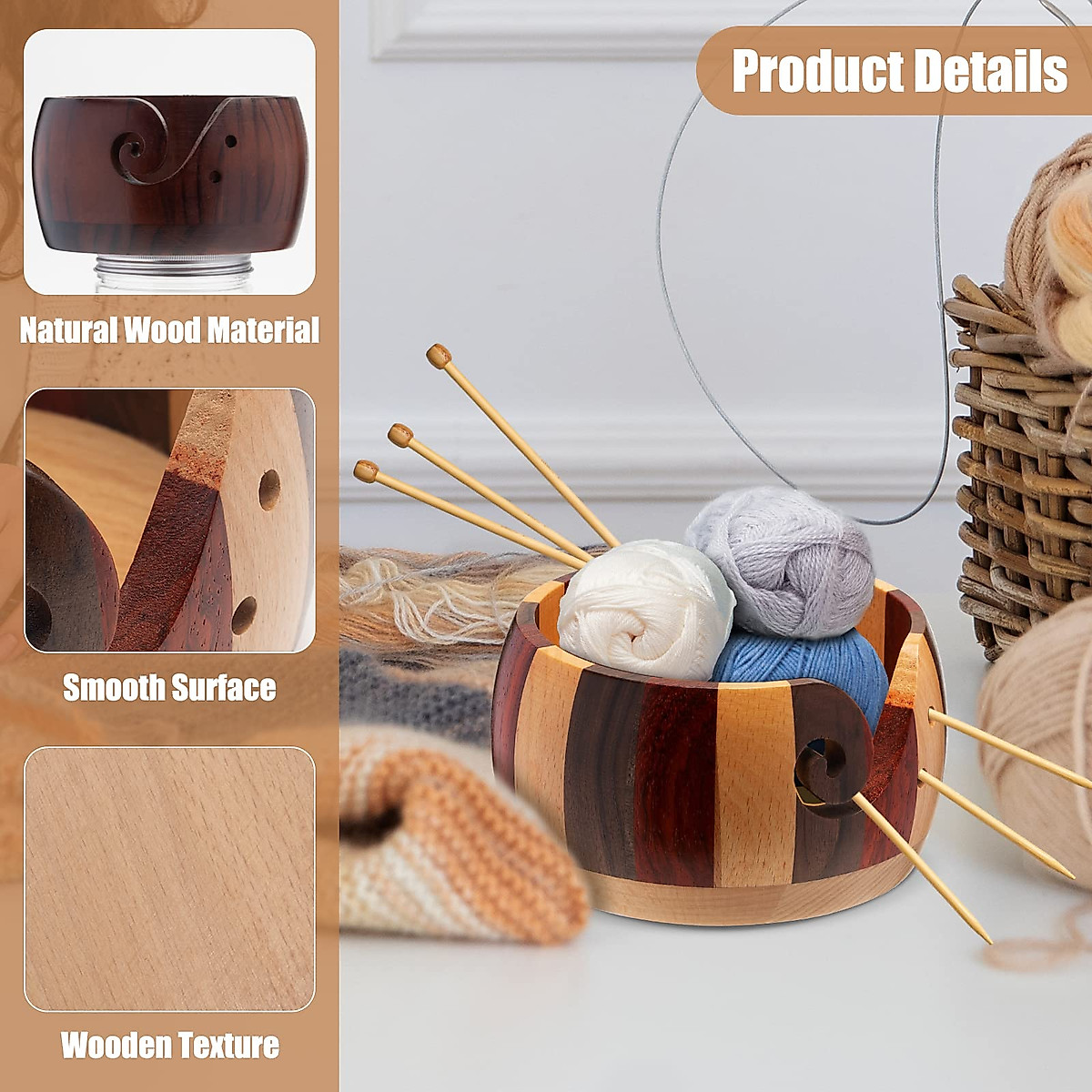 ISKYBOB Splicing Wooden Yarn Bowl for Knitting Wood Crocheting Thread Storage Box Sewing Floss Organizer with Hole DIY Crafting Supplies