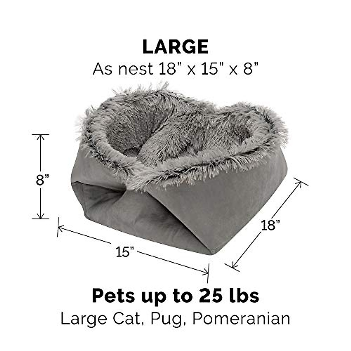 Furhaven Self-Warming Cat Bed for Indoor Cats, 4-Beds-in-1 & Washable - Plush Long Faux Fur Convertible Cuddler - Gray, Large, 35.5"L x 30.0"W x 0.5"Th
