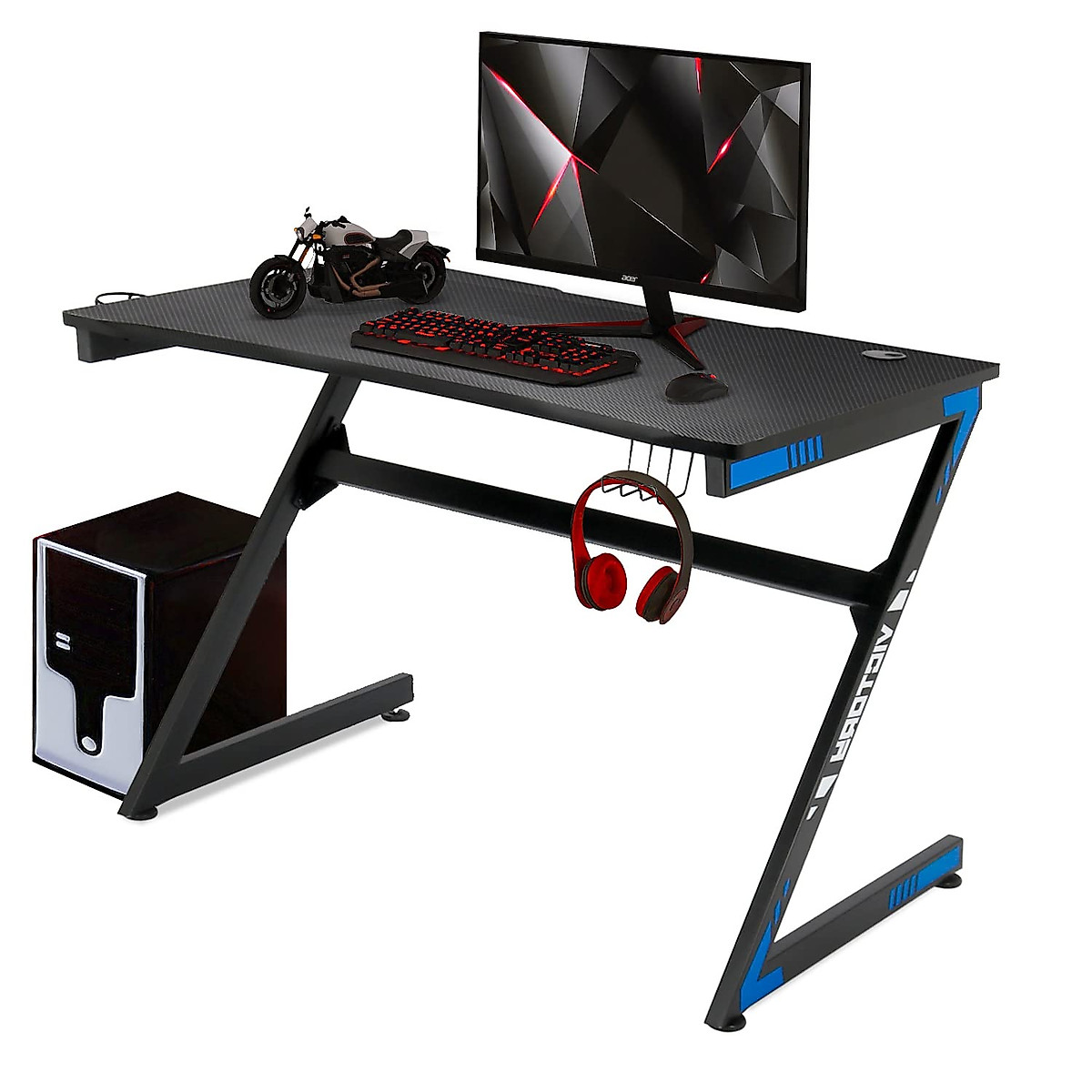 Cirstore Gaming Desk 39 Inch Computer Desk Gaming Table Z Shaped Pc Gaming Workstation Home Office Desk with Headphone, Gaming Controller Rrack,Black and Blue