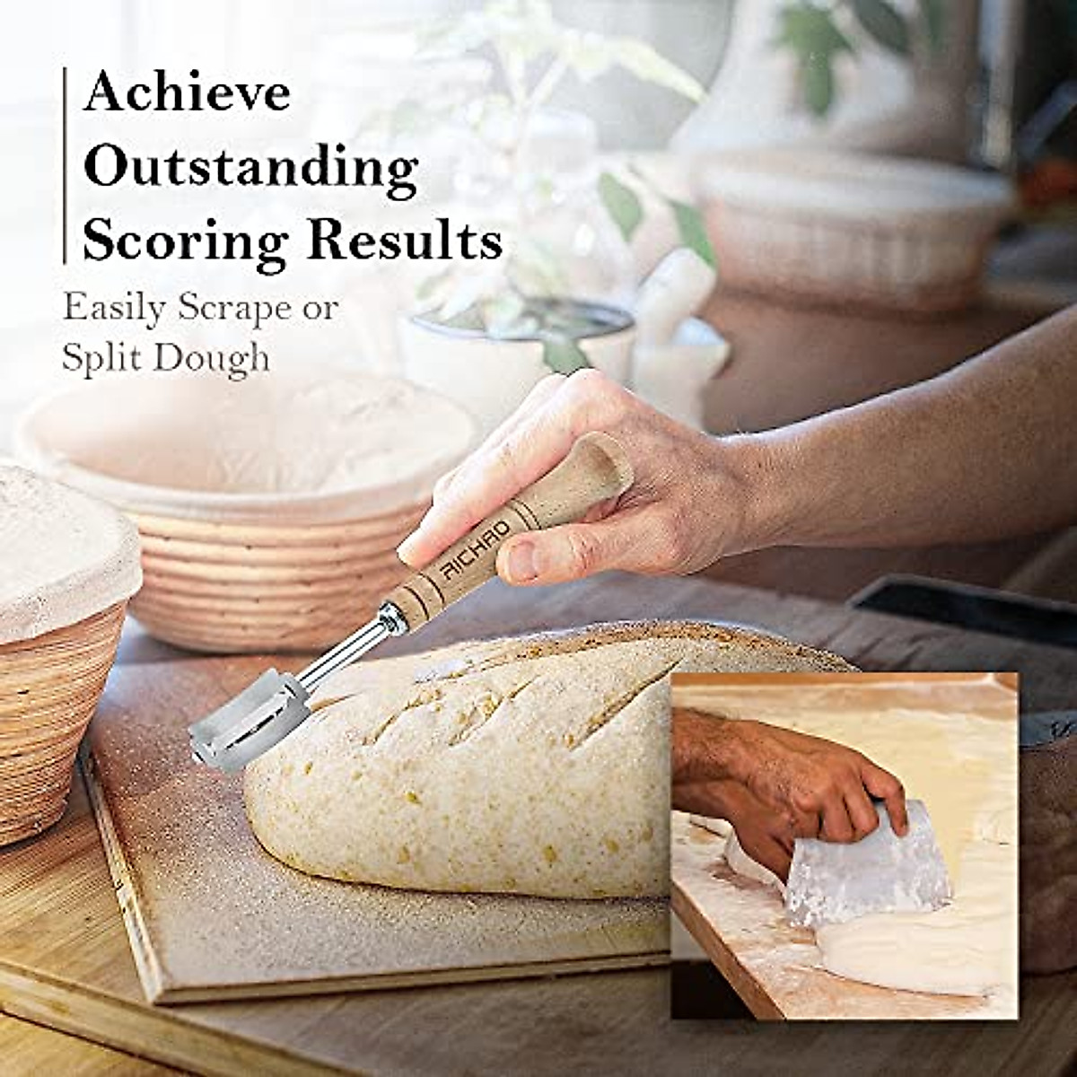 2 Pack 9 Inch Round Bread Proofing Basket for Sourdough Bread - Bread Basket Baking Bowl With Bread Lame & 5 Blades,Dough Scraper and Linen Liner Cloth Banneton Proofing Basket for Home Bakers