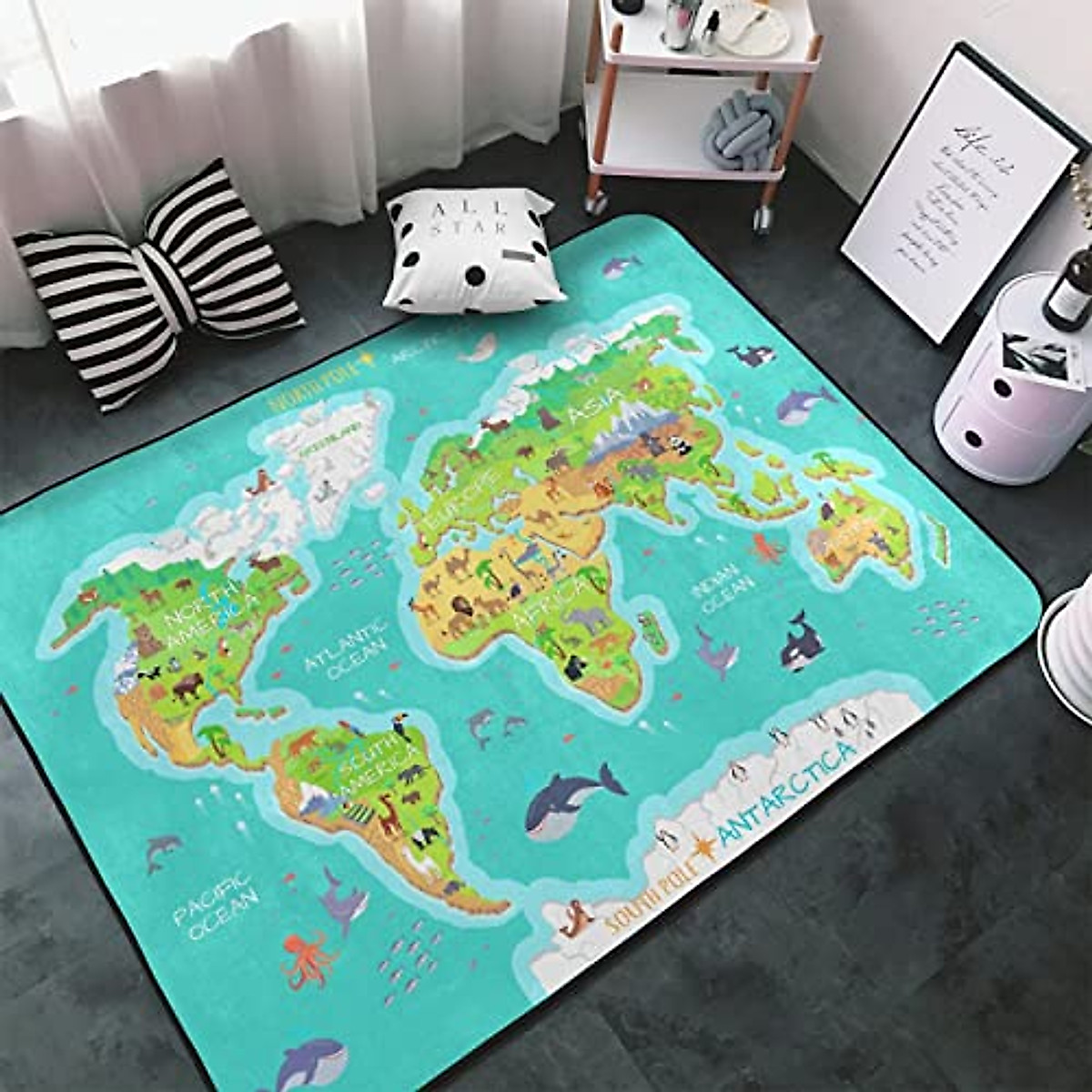 YEAHSPACE World Map Rug 60x39 inch Learning Game Study Room Classroom Library Playroom Decoration-Cartoon World map