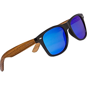 Woodies Zebra Wood Sunglasses with Ice Blue Mirrored Polarized Lens and Real Wooden Frame for Men and Women | 100% UVA/UVB Protection