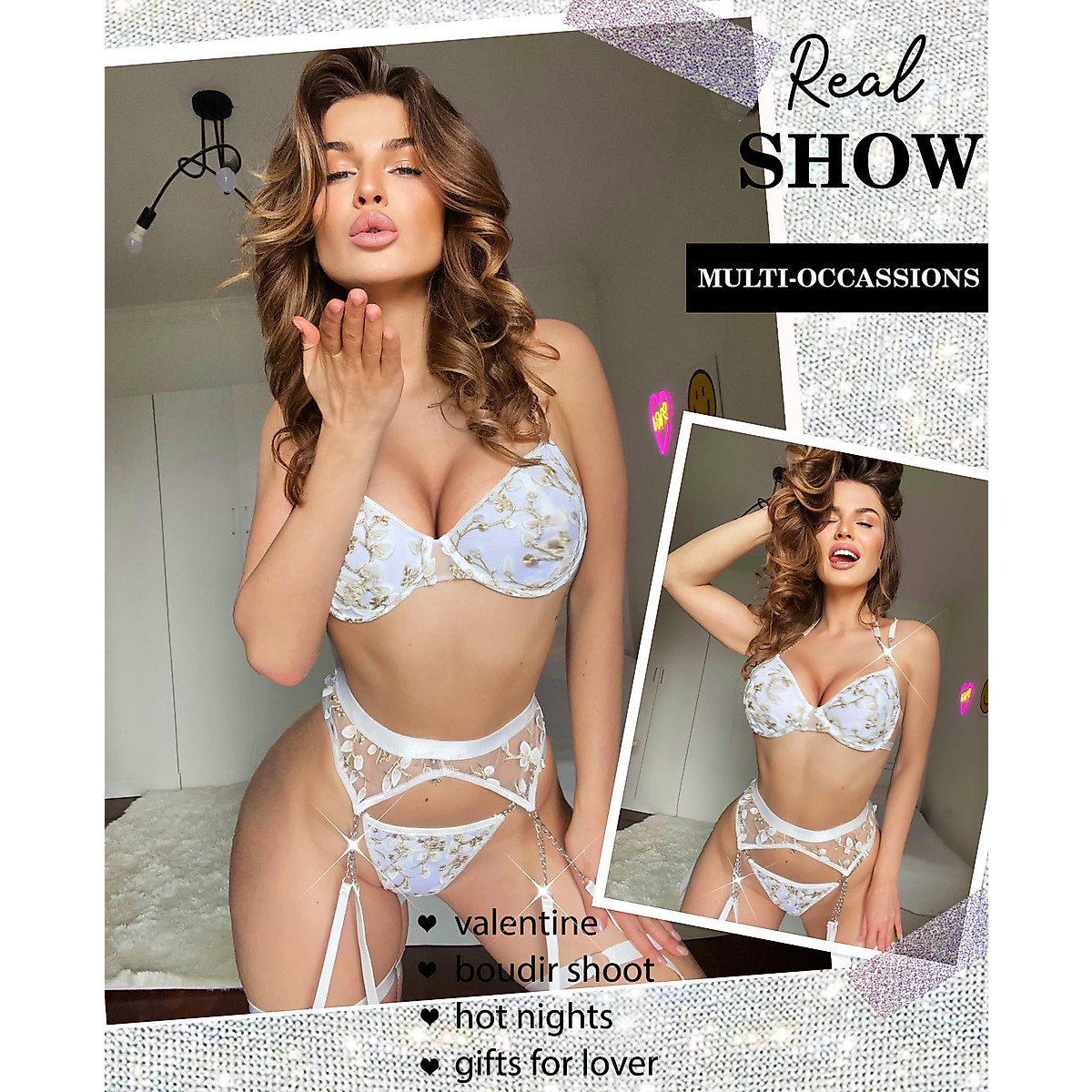 Avidlove Women's Exotic Lingerie Sets Sexy Bra and Panty Sets Plus Size Lingerie Floral (White, XXL)