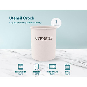 KooK Large Utensil Crock for Kitchen Counter, Ceramic Utensil Holder, Heavy & Stable Caddy, Farmhouse Decor, Matte Speckled Stoneware, Cream, 6 inch, Dishwasher Safe