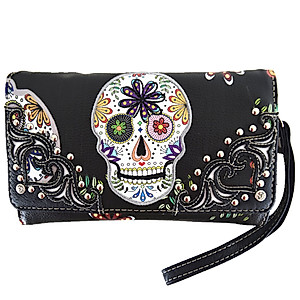 WESTERN ORIGIN Sugar Skull Day of the Dead Daypack Punk Gothic Backpack Rose Flower Fashion Women Travel Biker Purse Daypack Wallet Set (Black Set)