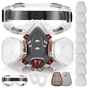 Respirator Mask with Filters, Reusable Half Face Cover Gas Mask with Safety Glasses Professional Breathing Protection Against Painting/Chemicals /Organic Vapors Perfect for Painters and DIY Project