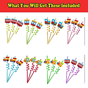 24 Pack Train Theme Shaped Straws Reusable Plastic Straws Drink Cocktail Straws with Cartoon Decoration Kids Train Party Supplies Birthday Party Favors with 2 Cleaning Brushes