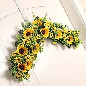 MGQ Artificial Sunflower Swag,27.6 Inch Rustic Artificial Floral Swag Decorative Swag with Sunflowers Green Leaves,Wedding Arch Flowers,Handmade Garland,Front Door Hanging Wreath for Home Garden Decor