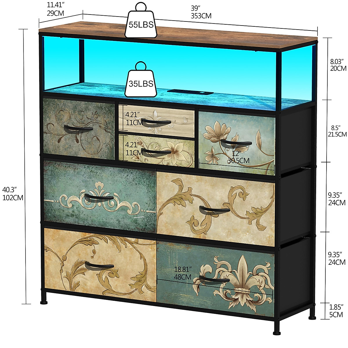 Tohomeor TV Stand with Power Oulet Dresser with Charging Station & LED Light Dresser with 8 Fabric Drawers for Living Room Storage Chest of Drawers Retro Dresser with Open Shelf Wooden Top