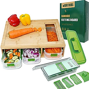 Bamboo Cutting Board with Containers, Lids, Graters, Extra Large Kitchen Cutting Board Set with Stackable Trays for Meal Prep & Storage, Chopping Board with Juice Groove, Easy-grip Hollow Handle