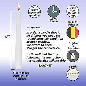 Taper Candles ,Tapered Candlesticks - dripless 8 Inch unscented, White , 6 Pack