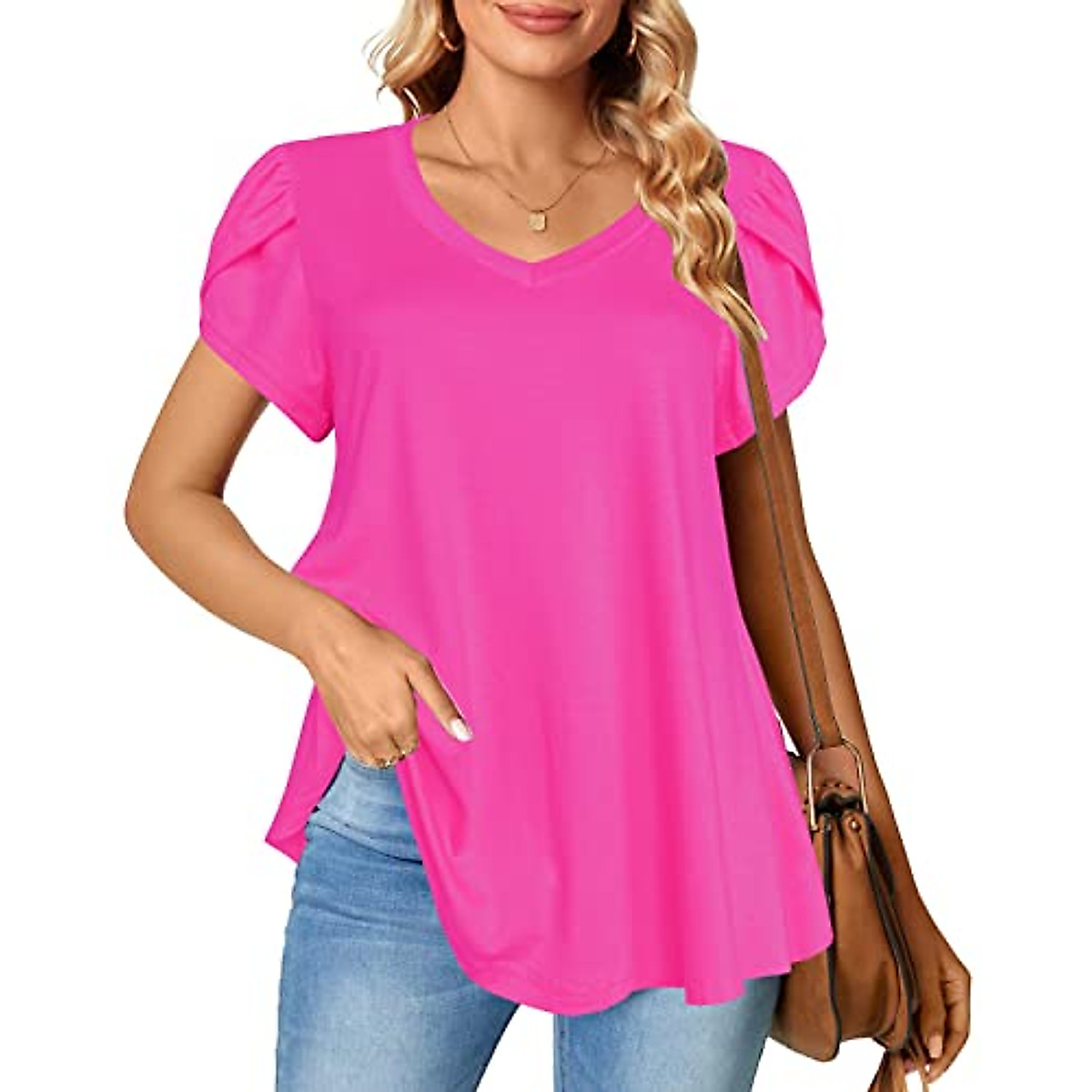 Afibi Womens Summer V Neck Loose Dressy Shirts Petal Short Sleeve Tunic Tops (XXX-Large, Coral)