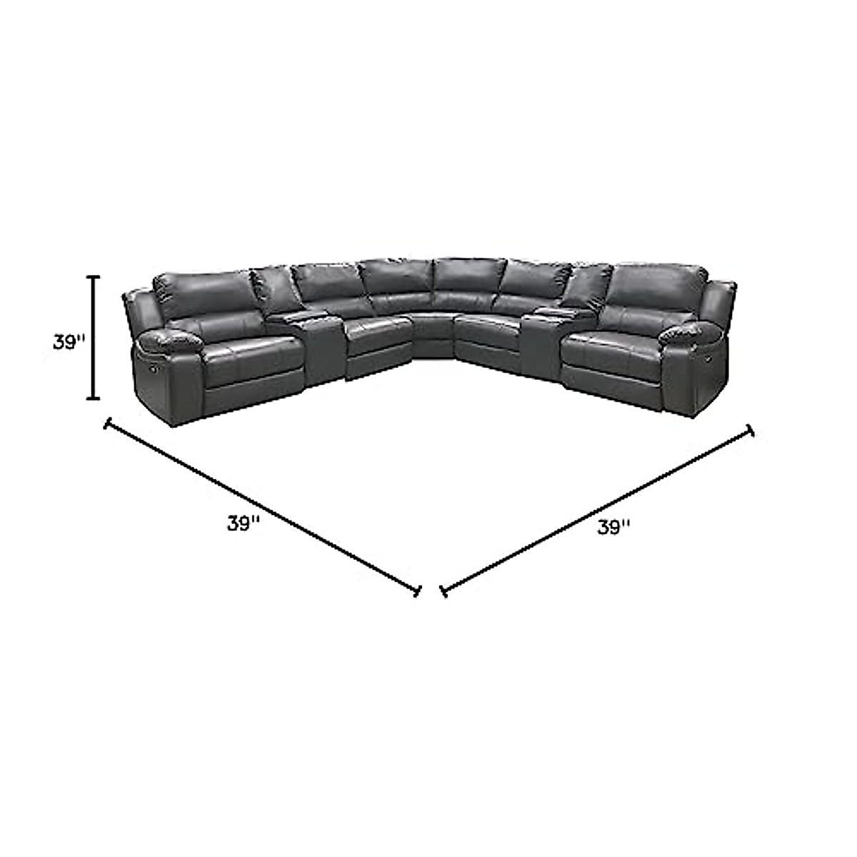AC Pacific Brady 7 Piece Sectional Power Reclining Sofa | Faux Leather Couch with Storage Consoles, Cup Holders & USB Ports, Grey