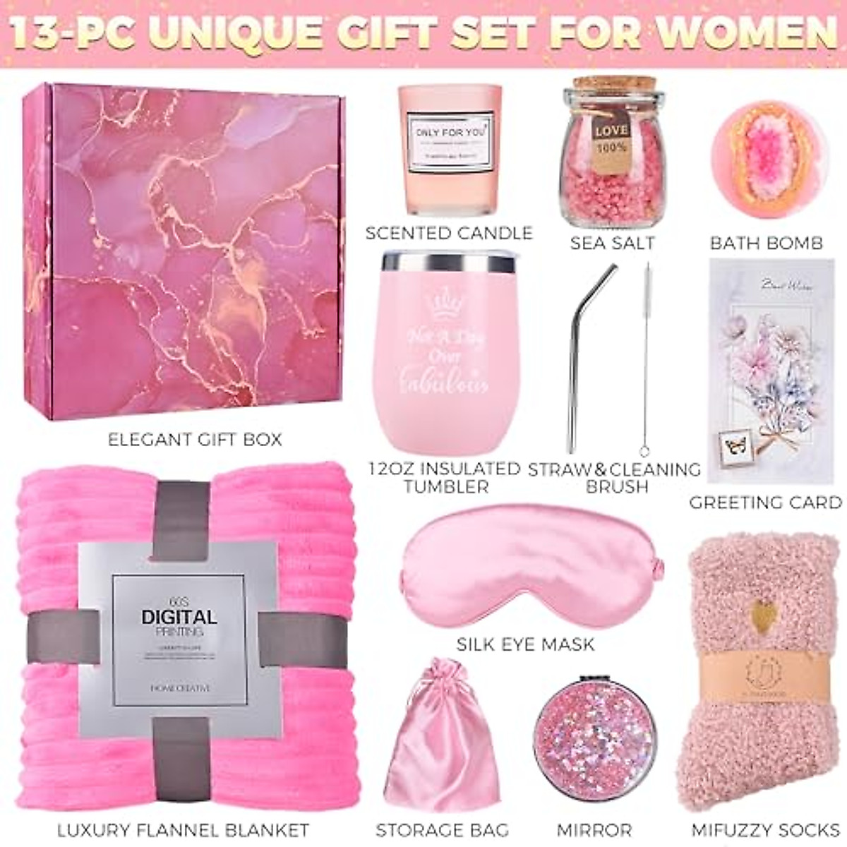 nasominako Self Care Gift Baskets for Women: Get Well Soon Care Packages with Blanket and Tumbler, Pink Gift Boxes Set for Girls, Mother, Sisters, Friends, and Cousins