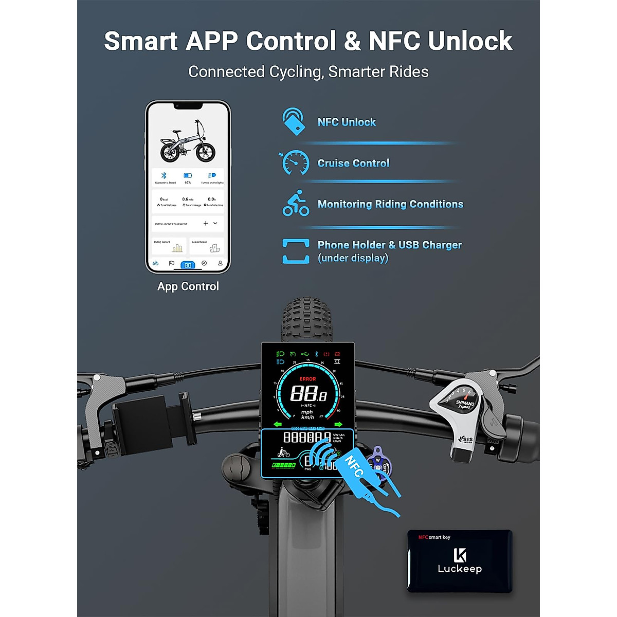 Luckeep Folding Electric Bike for Adults 1500W Peak Motor, 28MPH 60 Miles,720WH Removable Battery 20'' x 4.0 Fat Tire Ebikes for Adults with Hydraulic Brakes, NFC Unlock, APP, UL 2849 E-Bike