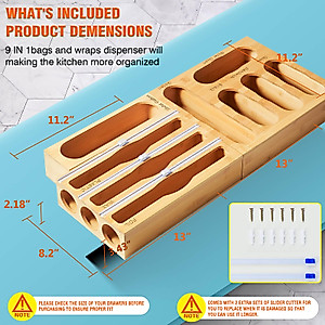9 IN 1 Bamboo Foil and Plastic Wrap Organizer for kitchen drawer, Ziplock bag organizer and Plastic Wrap Dispenser with Cutter, zip lock bag Storage organizer for Gallon,Quart,Sandwich,Snack
