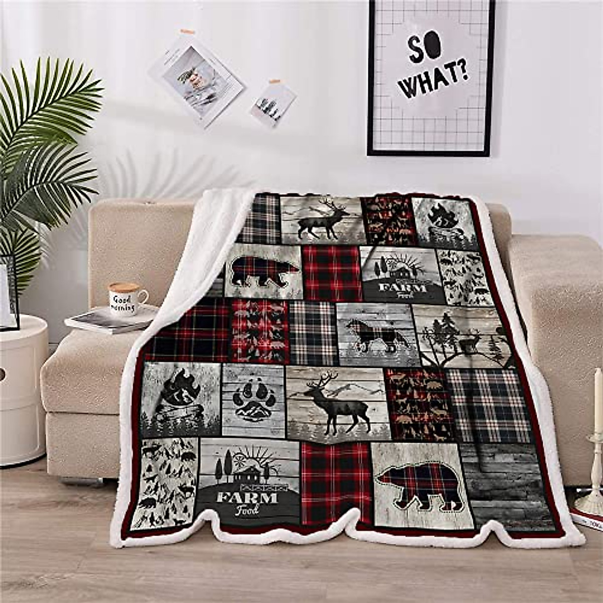Wolf Bear and Deer Throw Blanket Rustic Cabin Decor Woodland Blanket Plaid Christmas Blanket Gifts for Women Southwestern Farmhouse Decor for Couch Bed Livingroom
