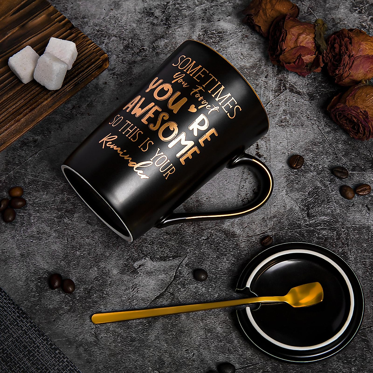 Christmas Birthday Thank You Gifts for Men, Sometimes You Forget You're Awesome - 14oz Unique Black Ceramic Inspirational Mug with Gold Print, Present for Boyfriend Husband Employee, Nice Gift Boxed